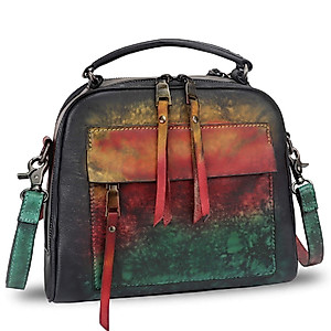 Genuine Leather Satchel Purse for Women Retro Cowhide Handmade Top Handle Handbag Designer Crossbody Bag (Multicolored1)