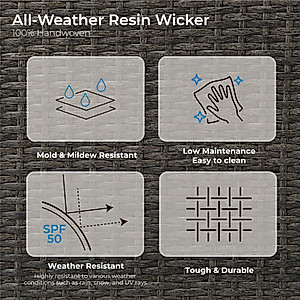 CHITA 5 Pieces Wicker Patio Furniture Set, Outdoor Conversation Set with 2 Pieces Rattan Swivel Chairs, 2 Pieces Ottomans, Thickened Cushions and Side Table, Blue Cushions with Grey Wicker