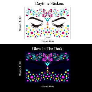 Glow in The Dark Tattoos Stickers, Fake Face Temporary Tattoos Makeup UV Neon Floral Body Paint Tattoo Stickers Decorations for Adults Girls Women Festival Bar Party Supplies 8PCS