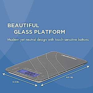 HealthWise Digital Kitchen Food Scale with Calorie & Carb Calculator Tempered Glass | Precision Measurements | Unit conversions: oz, lbs, g, ml | 14 pre-Set Foods, Gray (59-106)