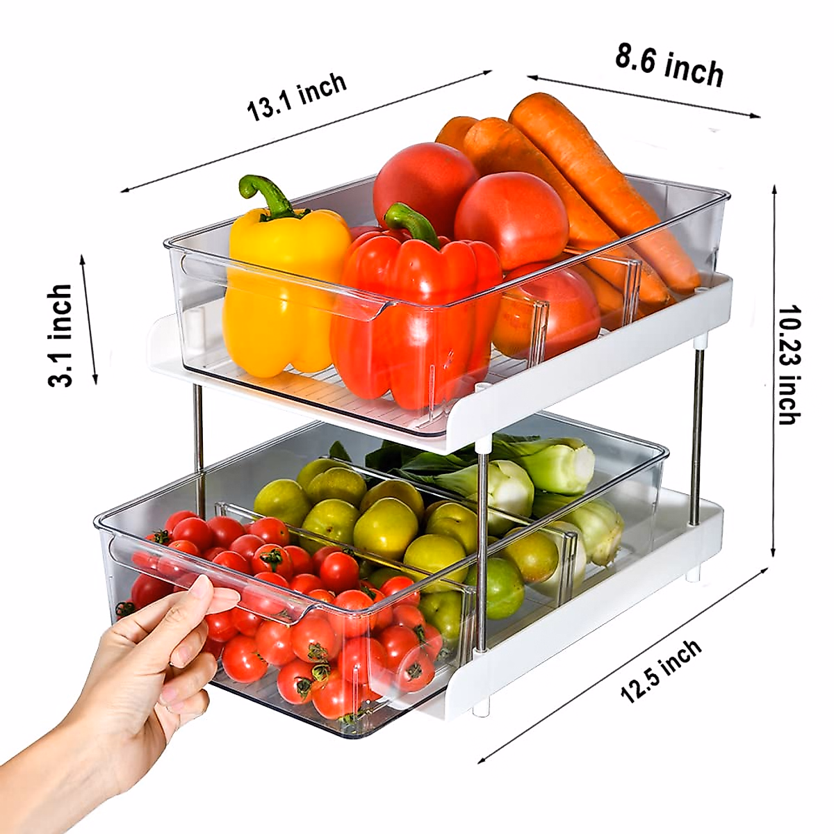 Lille Home 2-Tier Clear Organizer with Sliding Storage Drawers/Baskets, with Handles and Dividers for Kitchen, Under Sink, Bathroom, and Office, BPA Free