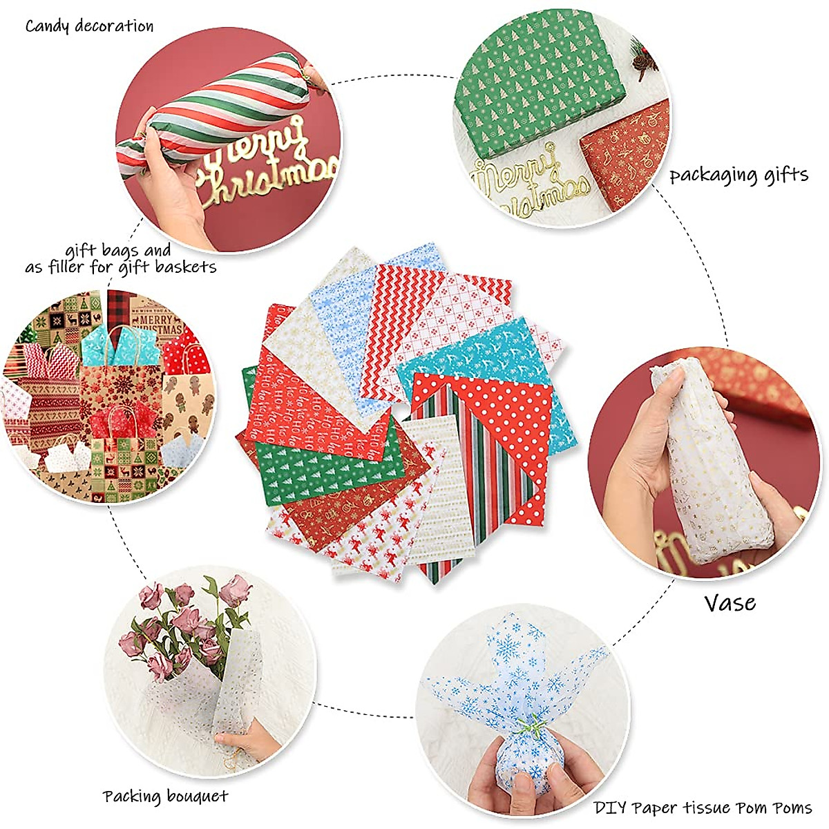 Christmas Tissue Paper for Gift Wrapping Bags, Colored Tissue Paper Christmas, 60 Sheets 20 x 20 Inches Per Sheet 12 Designs 5 Sheets Each Design for Gift Wrapping, Xmas Wrapping Bags and Wine Bottles
