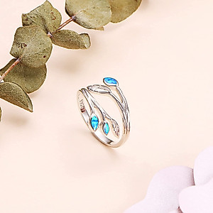 HOOHWE 925 Sterling Silver Leaf Rings for Women, Opal Adjustable Wrap Olive Branch Ring for Daily Wear Wedding Ring Unique Marquise Shape Open Leaf Rings Jewelry Gifts for Women with Gift Box