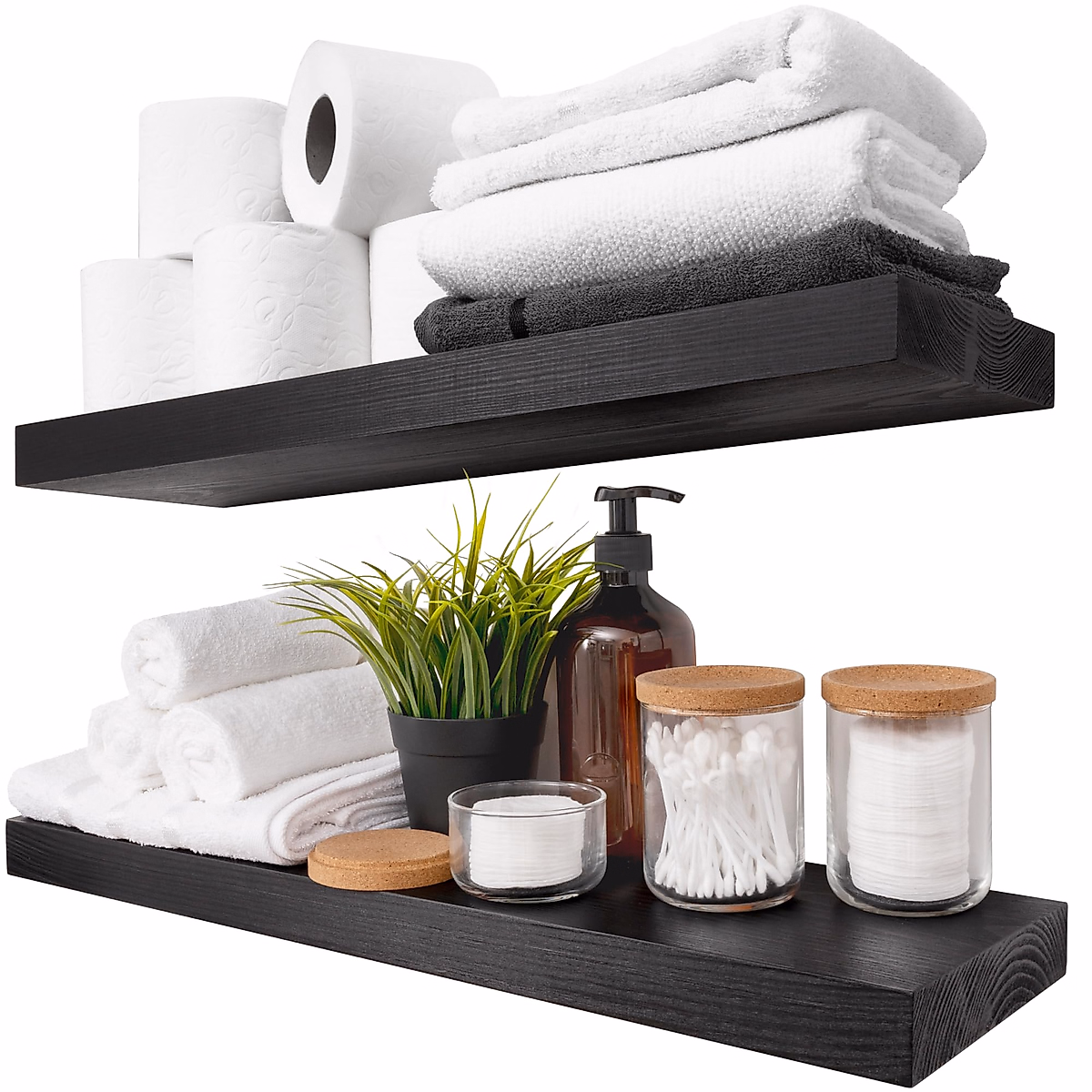 BAOBAB WORKSHOP Wood Floating Shelves Set of 2 - Black Floating Shelves for Wall - Wall Shelves for Bedroom Dark Wood - Black Bathroom Shelves - Floating Shelf Living Room - 24D x 6.7W