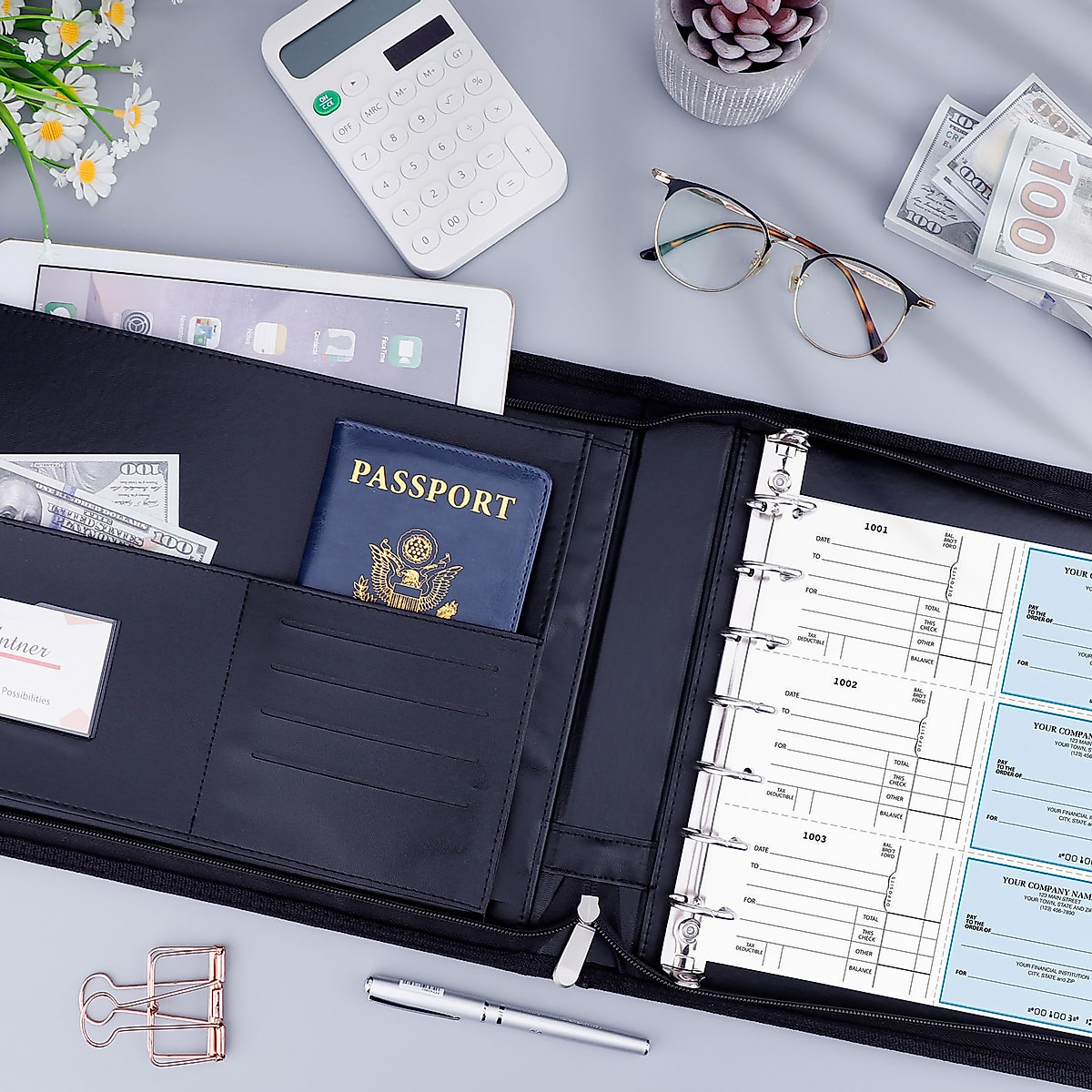 Antner Zippered 7 Ring Business Check Binder Portfolio for 3-Up Business Size Checks, PU Leather 7 Ring Checkbook Binder 600 Checks Capacity for 9 × 13 Inch Sheets, Built-in Storage Organizer, Black