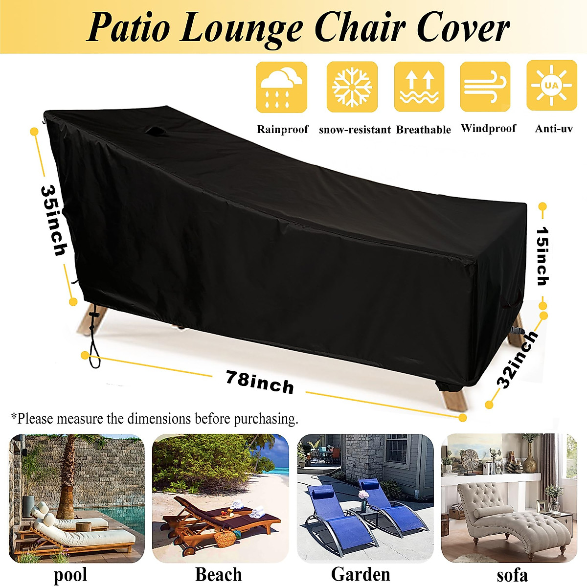 SIHAIAN Chaise Lounge Cover Waterproof Patio Lounge Chair Cover UV Resistant Lounger Covers Dust-Proof Outdoor Lounge Chair Covers 1Pack Patio Furniture Covers 78Lx32Wx35H in Black