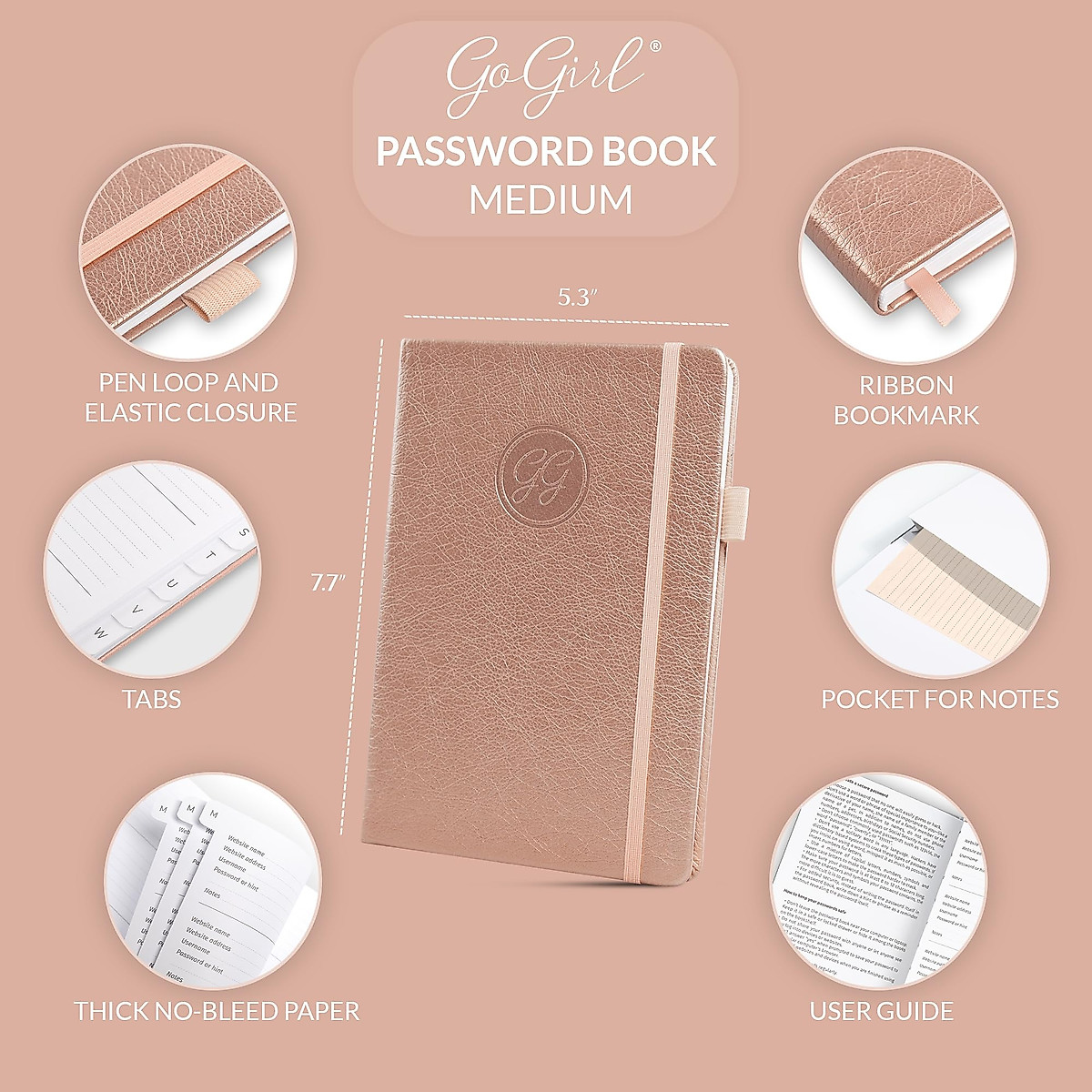 GoGirl Password Book with Alphabetical tabs – Internet Address & Password Keeper Logbook for Password Organization, Journal Notebook for Saving Website Logins. Medium Size 5.3″ x 7.7″, Rose Gold
