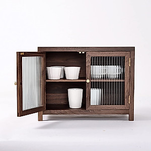 ZYR Desktop Storage Cabinet with Glass Door Sideboard Black Walnut Wood Small Cupboard Home Decoration Cabinet Storage Cabinet Kitchen Bathroom Countertop Cabinet Double Layer