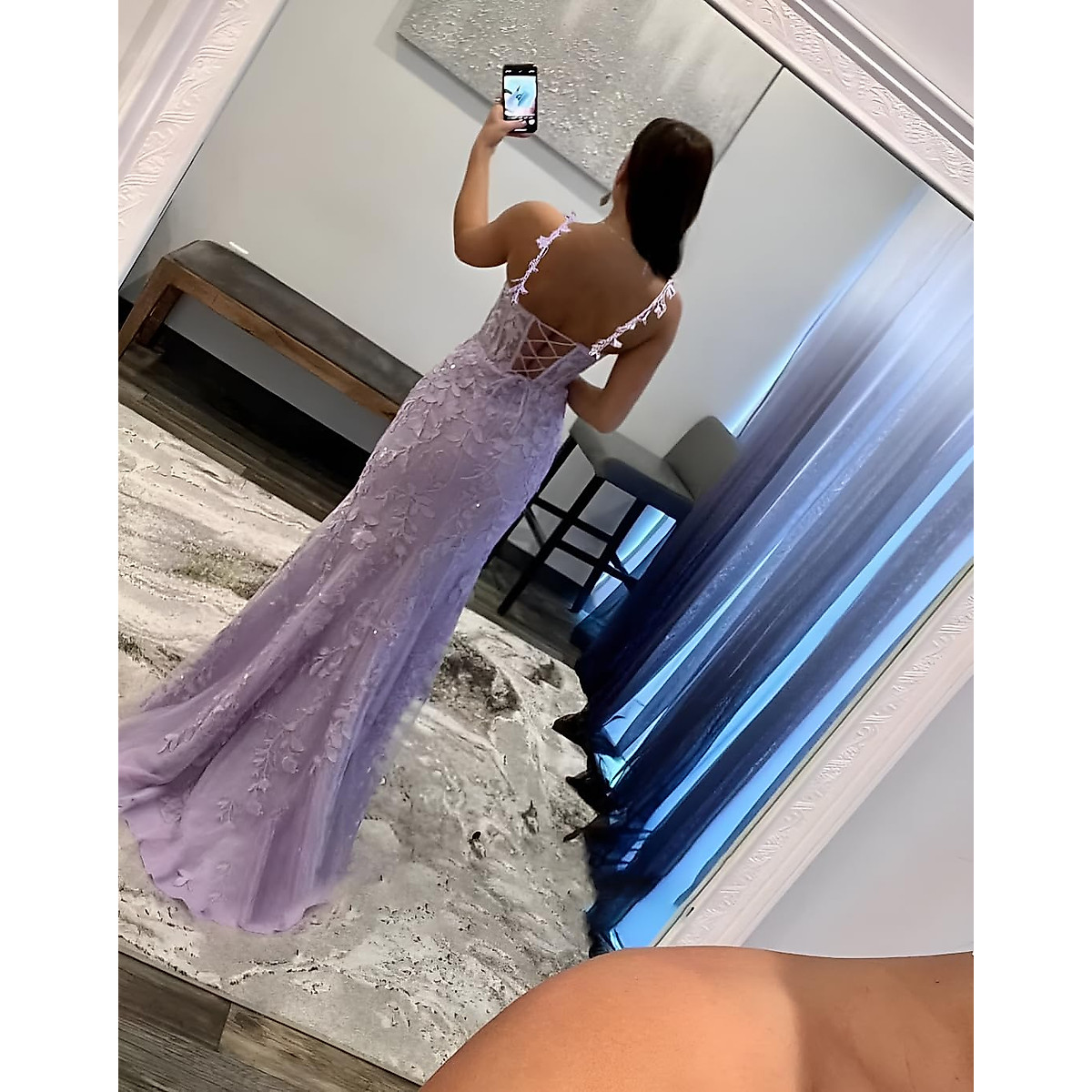 Lace Applique Mermaid Prom Dresses for Women 2024 Tulle Formal Evening Gowns for Women with Slit Long Elegant Evening Dresses Wisteria 8
