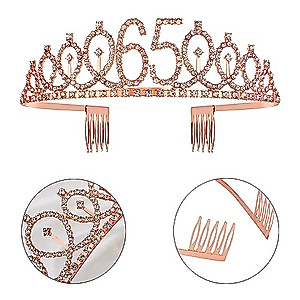 Ceqiny 65th Birthday Sash Tiara and Crowns for Girls, Birthday Queen Rose Gold Tiara, Princess Tiara Rhinestone Headbands with Combs Bridal Wedding Tiaras for Wedding Prom Bridal Party Christmas