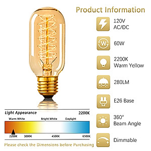 Figame T45 Retro Edison Light Bulb 60w 6 Pack, 120v, E26 Base Dimmable, Incandescent Bulb, 2200k Amber Warm Yellow, Antique for Home Lighting Decoration, Suitable for Home and Office Lighting