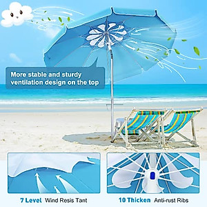 Portable Beach Umbrella for Sand: 7FT Arc Length 6.5FT Diameter Outdoor Umbrella with Anchor Heavy Duty and Adjustable Tilt Pole - UV 50+ Windproof Beach Umbrella with Carry Bag for Beach, Patio, Garden, Dark Blue Leaves