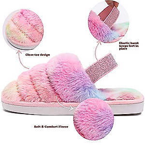 Kids Fluffy Fuzzy Slippers Rainbow Color House Home Slippers for Boys and Girls Faux Fur Slides with Strap Little Kids Slip-on Shoes