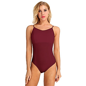 YiZYiF Women's Double Criss Cross Back V-Neck Ballet Dance Gymnastics Leotard Camisole Bodysuit Burgundy X-Large