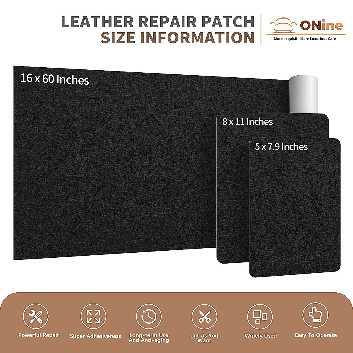 ONine Leather Repair Patch,Self-Adhesive Couch Patch，Multicolor Available Scratch Leather 5X7.9 Inch Peel and Stick for Sofas, Car Seats Hand Bags Jackets (Ink Black)