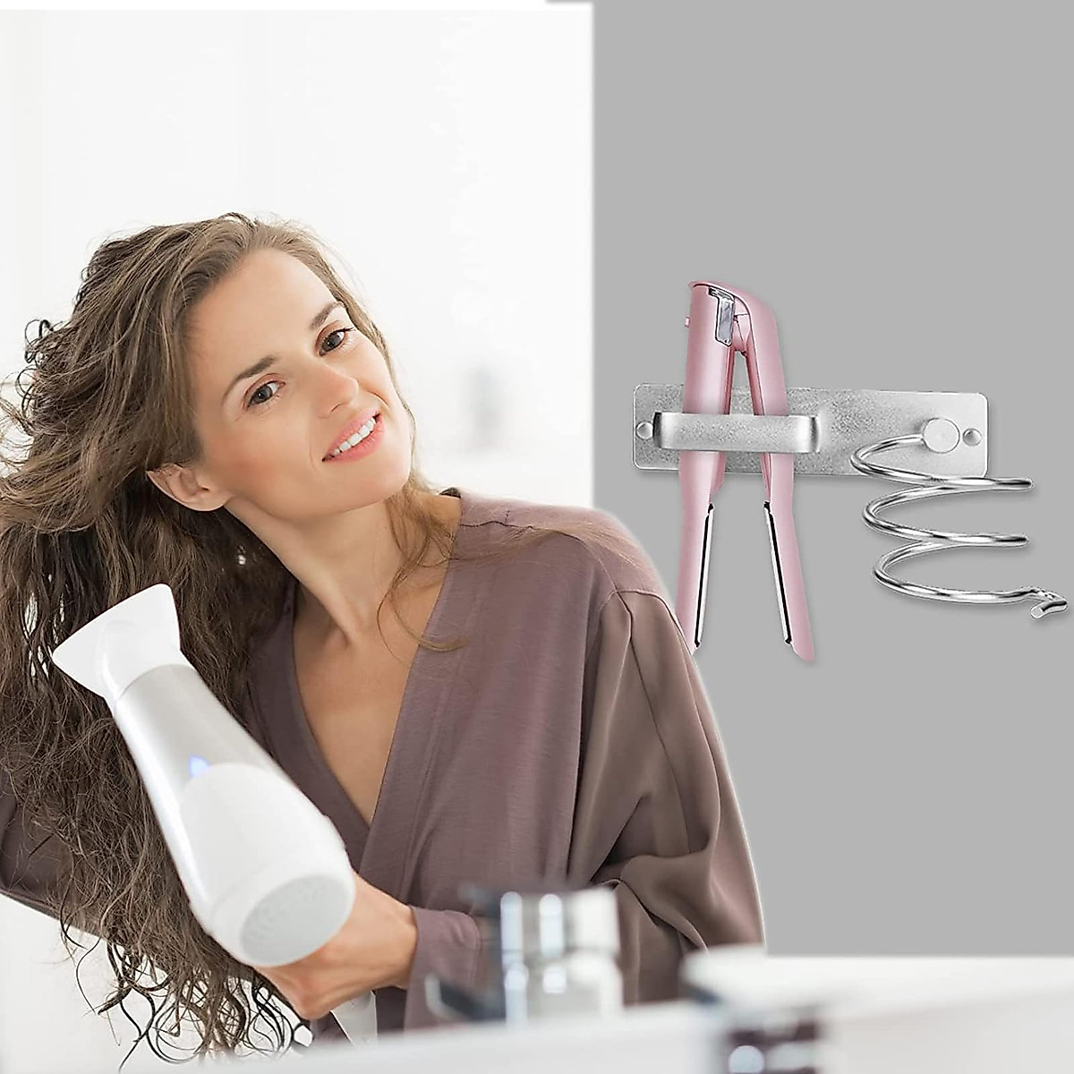 OSTTRPO Bathroom Hair Dryer Holder, Aluminum Alloy Material Wall Mounted Self Adhesive Hair Dryer Rack Compatible with All Hair Dryer Models - Silver
