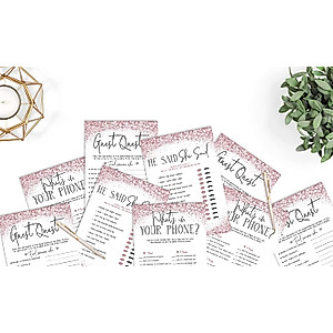 Your Main Event Prints Bridal Shower Games (Set of 6 Fun Activities for 25 Guests) - Pink Glitter Theme - Printed Front and Back, One Game Per Side