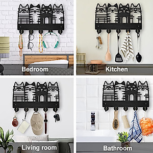 MAYJOYDIY Cat Coat Hooks Wall Mount Cat Wearing Glasses Wood Key Holder for Wall 11.8×7.9inch Black Pet Wall Art Decor Key Hooks 5 Alloy Hooks for Gift Entryway Living Room Kitchen Office