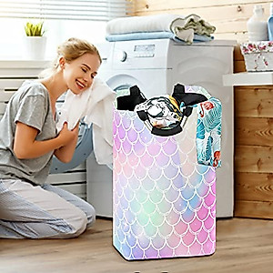 Cute Ocean Mermaid Large Laundry Hamper, Fish Scales Laundry Baskets with Handle, Durable Oxford Storage Basket, Portable Folding Clothes Hamper for Nursery, College Dorm, Bedroon, Bathroom