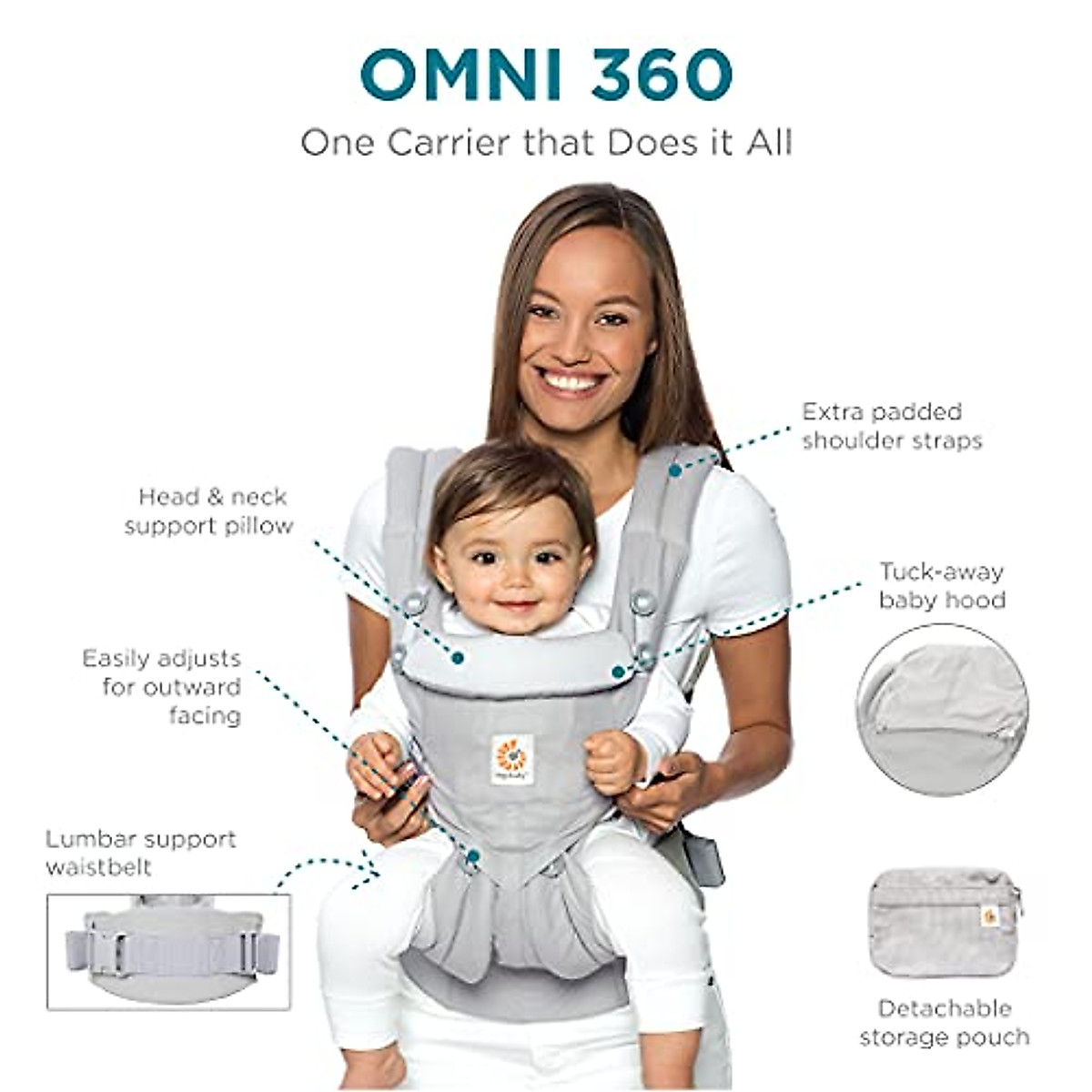 Ergobaby Omni 360 All-Position Baby Carrier for Newborn to Toddler with Lumbar Support (7-45 Pounds), Pearl Grey, One Size (Pack of 1)