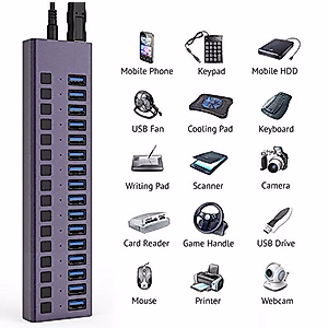 USB 3.0 Hub -16 Ports Powered USB Hub 90W USB Charging Hub with Individual On/Off Switches and 12V/7.5A Power Adapter and Lights for PC, Laptop, Computer, Mobile HDD, Flash Drive and More（Purple）
