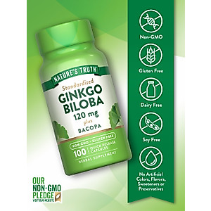 Ginkgo Biloba 120mg | Plus Bacopa | 100 Quick Release Capsules | Standardized Extract | Non-GMO and Gluten Free Supplement | by Nature's Truth