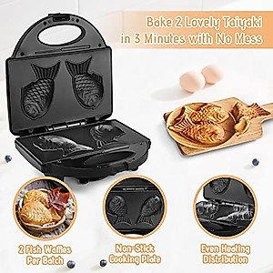 FineMade Taiyaki Fish Waffle Maker Machine with Non Stick Cooking Plate, Electric Japanese Fish Shaped Waffle Iron Pan, Korean Bungeoppang Pan, Recipe Included