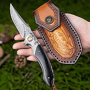 LOTHAR Damascus Pocket Knife for Men, 7.78" VG10 Folding Knife with Retro Leather Sheath,Sandalwood Handle, Classical Bolster, Lanyard Hole, EDC Knife Anniversaries, Christmas, elegant gifts for Men (Black)
