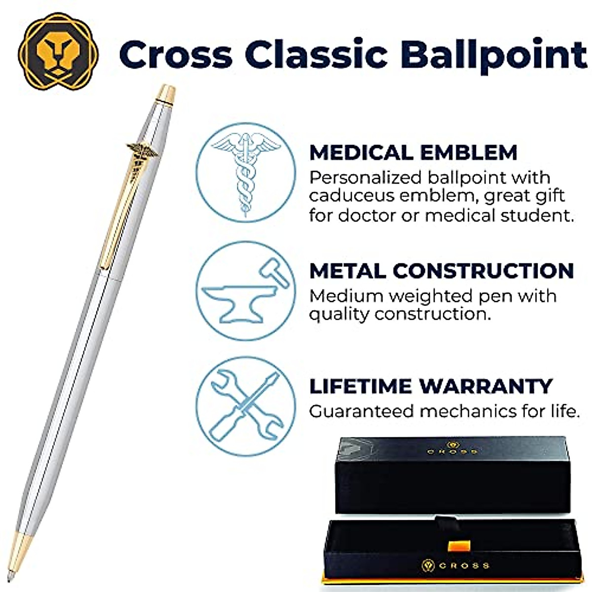 Engraved Cross Pen | Personalized With Medical Doctors Caduceus Emblem And Name. Gift Pen - AT Cross Classic Century Medalist Ballpoint. Custom Engraving Included.