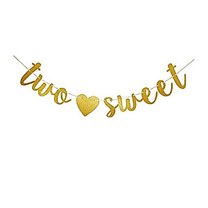 Two Sweet Banner, Gold Glitter Sign Garlands for Baby Girl's Second Birthday Party Decorations Supplies