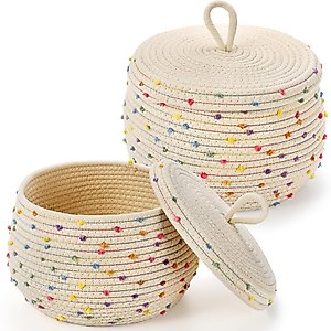 Dicunoy Set of 2 Small Basket with Lids, Decorative Woven Storage Boxes, Round Cotton Rope Storage Bins for Organizer, Cute Colorful Rainbow Empty Gift Containers for Snack, Towel, Yarn, Nursery
