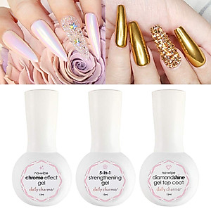 Daily Charme 3 Essential Gel Polish for Chrome Nails (Chrome Effect No-Wipe Gel, 5-in-1 Strengthening Gel, and Diamond Shine No-Wipe Gel Top Coat), High Gloss, Soak Off, Home DIY/Salon Manicure