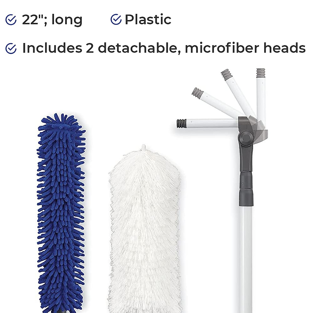 Multi Angle Duster, Bendable Head, Extension Pole 25” – 70”, Brush Cleans High Ceilings, Lights, Windows, Ceiling Fans, Pack of 2 Detachable, Microfiber Heads for Cleaning