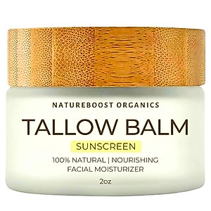 Organic Tallow Sunscreen SPF30 - Non-Toxic Natural Mineral Sunscreen for all Skin Types - Chemical Free Formula - Handcrafted in USA - Glass Jar with Bamboo Lid - 2oz