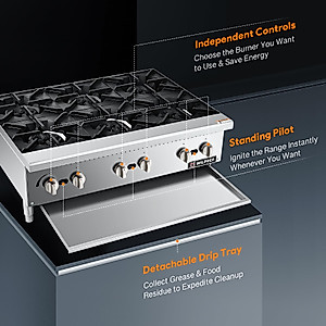 WILPREP Countertop Gas Range, 6 Burner Commercial Hot Plate with Total 150000 BTU, 36" Natural Gas Range with Propane Conversion Kit Grates, Stainless Steel Gas Stove for Restaurant Kitchen