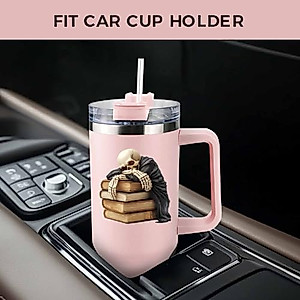 LB LEOBON 40 ounce insulated cup with handle, double-layer vacuum stainless steel material, equipped with straw, can keep warm or maintain cold drinks Skeletons Sleeping Books 2 Light pink