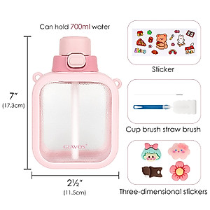 Adorila Square Water Bottle with Straw, Travel Transparent Canteen with Adjustable Strap, Leakproof Water Cup for Office School (Pink, 700ml)