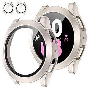 Tensea [2Pack] for Samsung Galaxy Watch 5 2022/4 2021 Screen Protector Case 44mm Accessories, Protective Face Cover for 44 mm, Hard Bumper Built-in Tempered Glass Film for Women Men