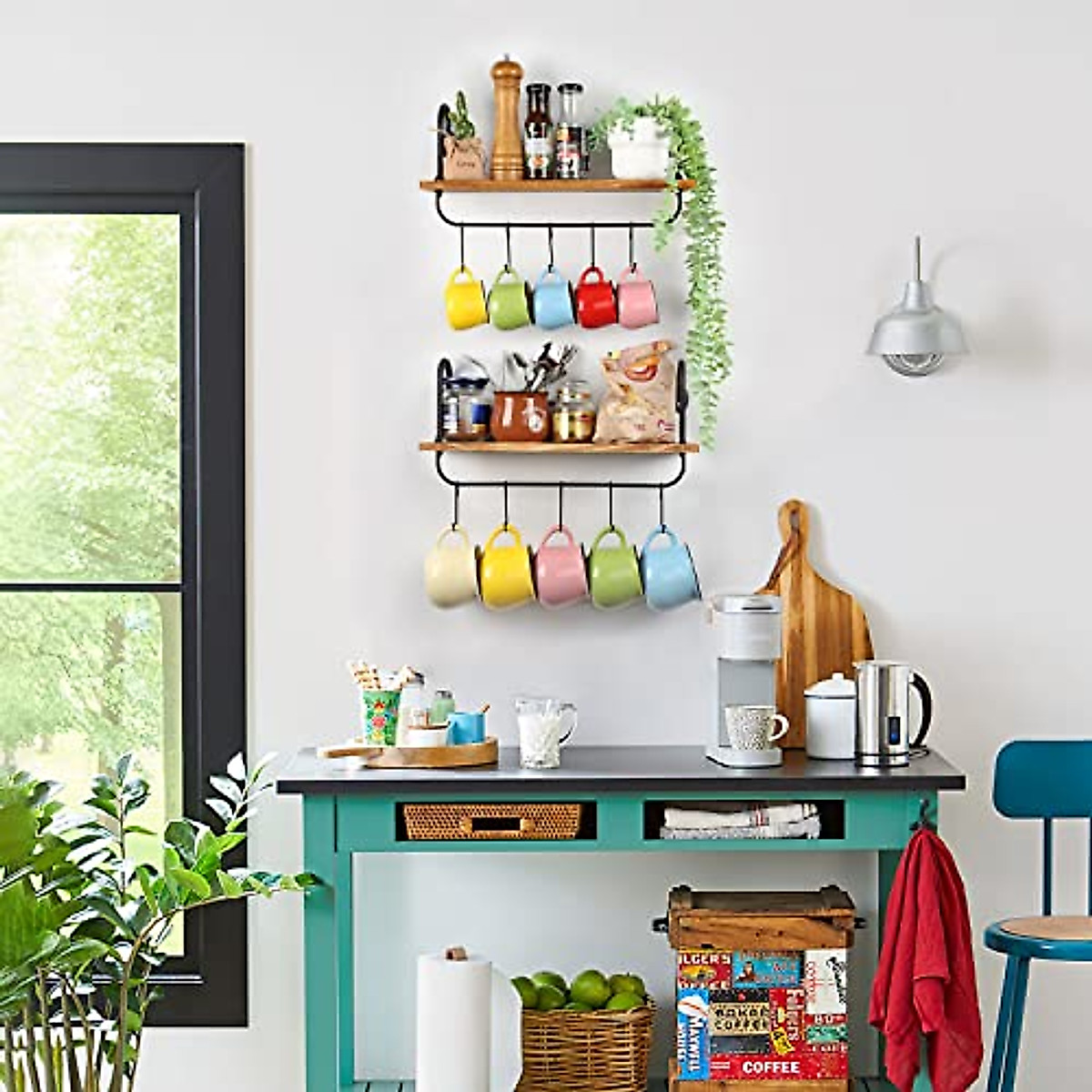 Olakee Floating Wall Shelves for Kitchen Bathroom Coffee Nook with 10 Adjustable Hooks for Mugs Cooking Utensils or Towel Rustic Storage Shelves Set of 2/17x5.9 inch (Carbonized Black)