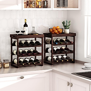 HOOBRO Bamboo Wine Rack, Wine Storage Cabinet Shelf with Detachable Tray, 3 Tiers 12-Bottle Wine Rack Countertop, Wine Bottle Holder Stand for Kitchen, Dining Room, Pantry, Brown BR23JJ01