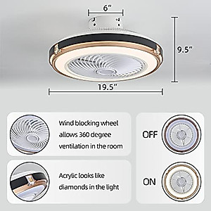 LTOF 19.5inch LED Ceiling Fan with Lights, Ceiling Fan with Remote Control, 3 Colors Flush Mount Ceiling Fan, 6 Wind Speeds Enclosed Ceiling Fan, Black Low Profile Ceiling Fan with Light.