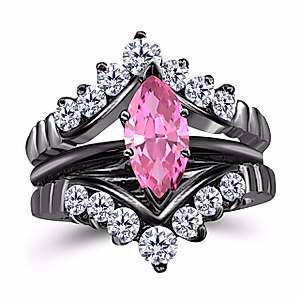 Gems and Jewels 0.75 Ct Marquise Solitaire Engagement Wedding Ring Band Set Enhancer Pink Sapphire 14k Black Gold Plated Alloy