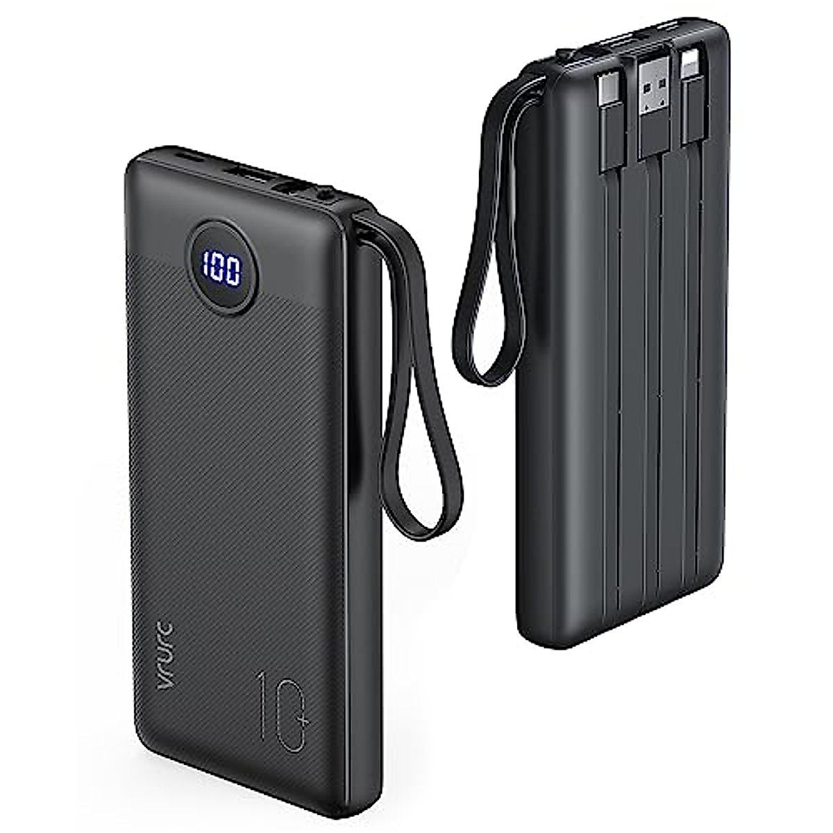 VRURC Portable Charger with Built in Cables, 10000mAh Ultra Slim USB C Power Bank,5 Output 2 Input LED Display External Battery Pack Phone Charger Compatible with Smart Devices and Cell Phones-Black