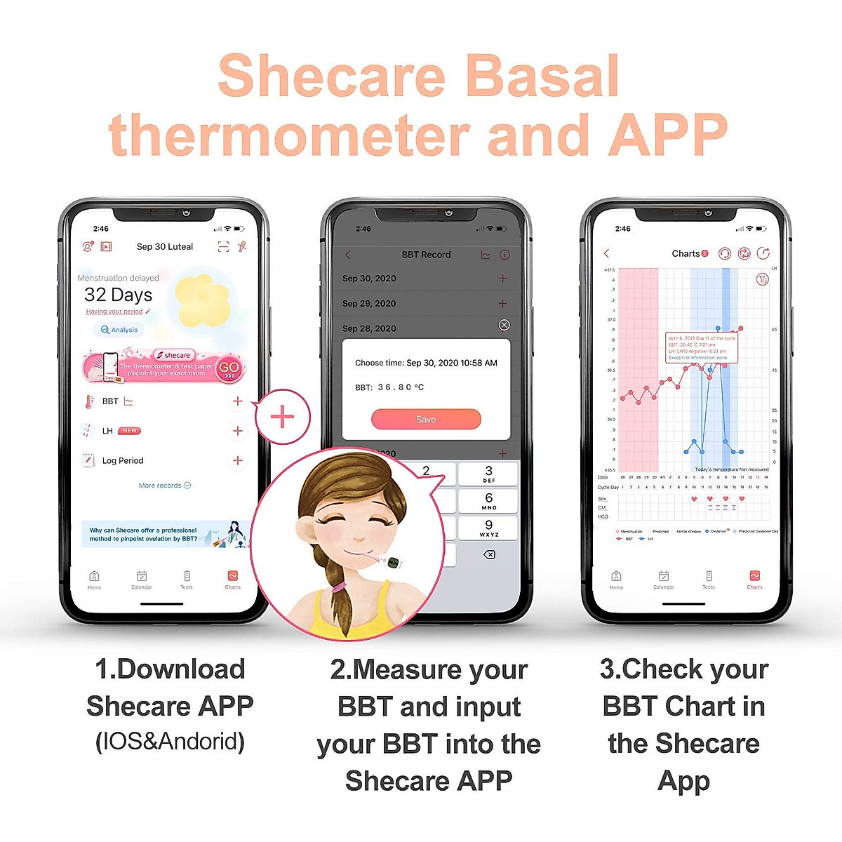 Shecare Digital Basal Body Thermometer for Ovulation,Fertility BBT Thermometer High Precision Oral Thermometer,Accurate 1/100th Degree Works with Shecare APP Basal Thermometer Basic Thermometer