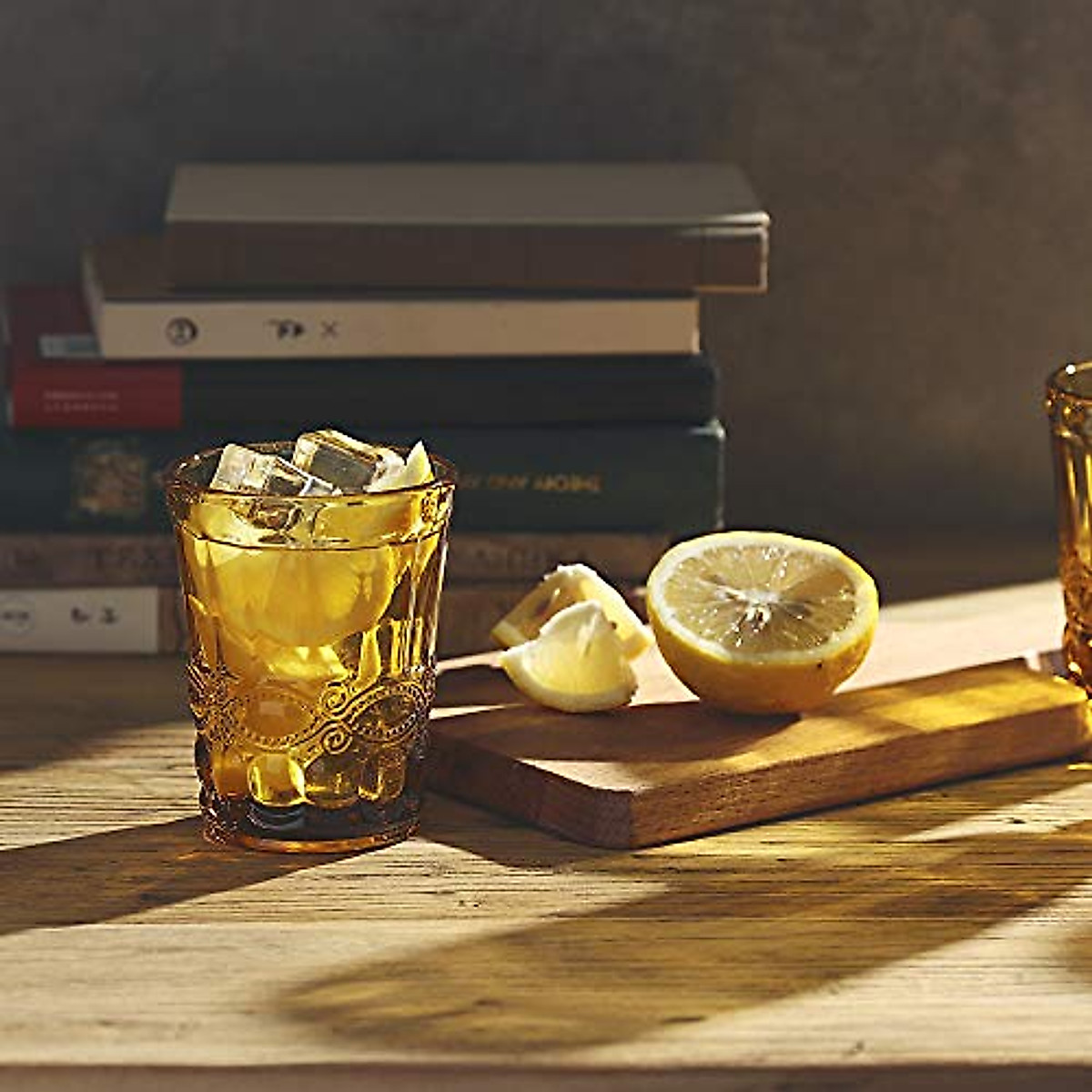 WHOLE HOUSEWARES | Amber Glassware Vintage-Pressed Pattern Set of 6 | 8 oz Embossed Design | Amber Drinking Glasses | For Weddings, Dinners, and Parties | Amber Glasses Drinking