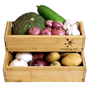 Bamboo Storage Bin - Multipurpose Open Front Stacking Bins for Kitchen & Pantry - Configurable as 2 Tier Bamboo Fruit Basket on Countertop – Ideal for Vegetables, Potato and Onion Storage Bin