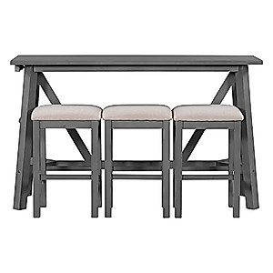 RuiSiSi 4 Piece Counter Height Bar Table Set Farmhouse Counter Height Dining Room Table Set with 3 Bar Stools, Gray