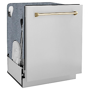 ZLINE Autograph Edition 24" 3rd Rack Top Touch Control Tall Tub Dishwasher in Stainless Steel with Gold Handle, 51dBa (DWMTZ-304-24-G)