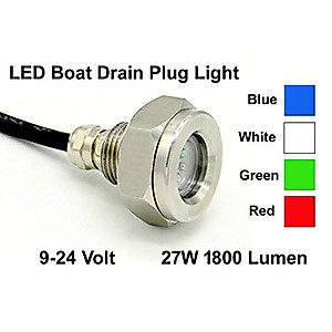 Tidal Wake IP68 Underwater 1/2in Standard Boat Drain Plug LED Light/Green Fish Attractor Light / 3 Yr/50,000hr Warranty, 316 Stainless Steel, 12-30v/27w,1800 lumen w/Storage Bag (Green)