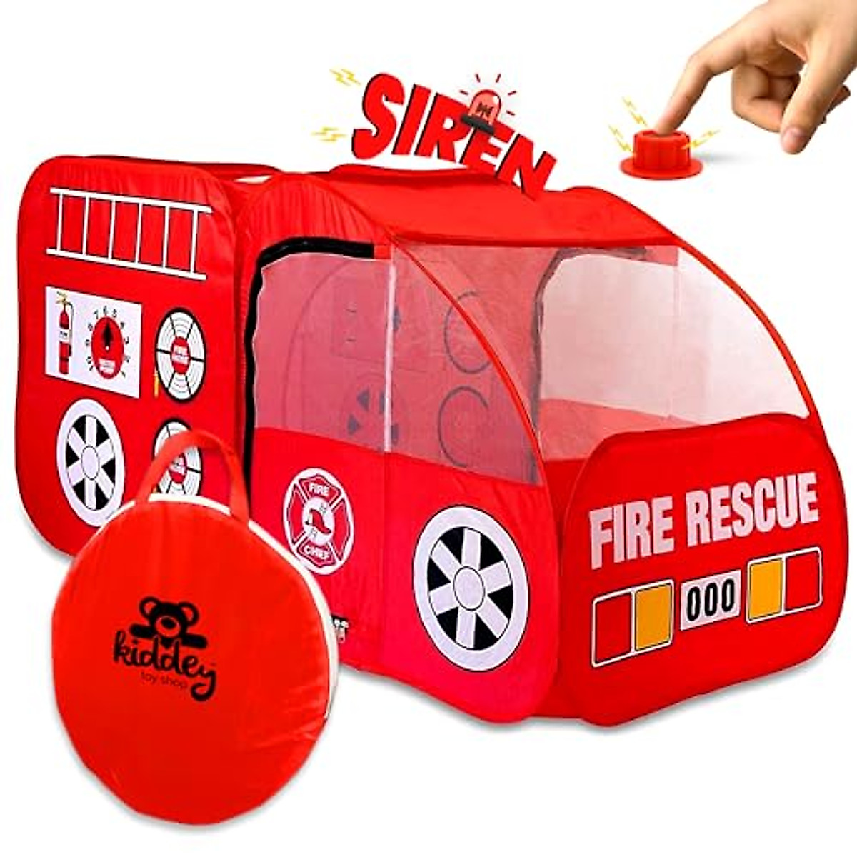 Kiddey Fire Truck Play Tent for Kids - Firetruck Tents with Sirens and Fireman Sound Button for Girls, Boys, & Toddlers Gifts - Red Fire Engine Pop Up Playhouse for Toddler - Indoor & Outdoor